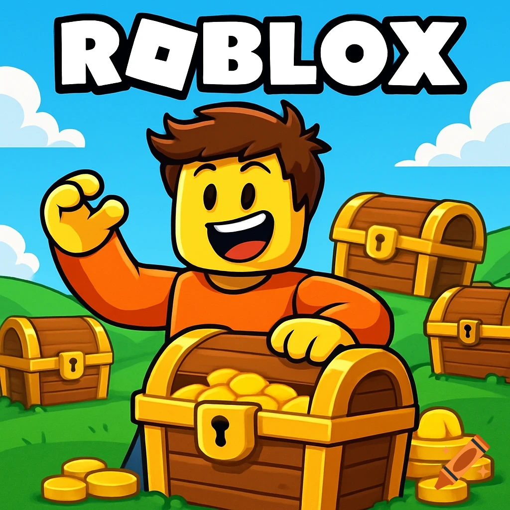 Cartoon Roblox style character with treasure chests full of gold coins ...