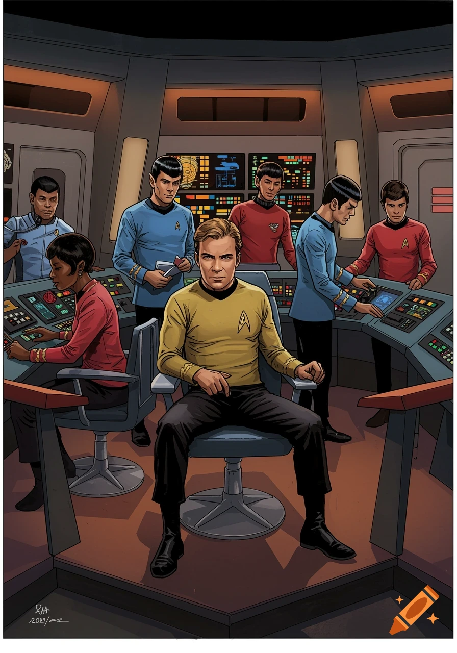 The Star Trek crew, including Kirk, Spock, and Uhura, on the bridge of ...