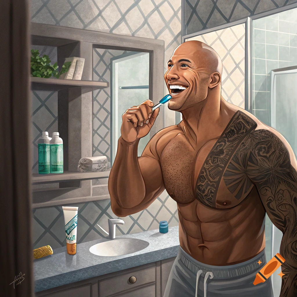 Illustration of Dwayne 'The Rock' Johnson brushing his teeth in a ...