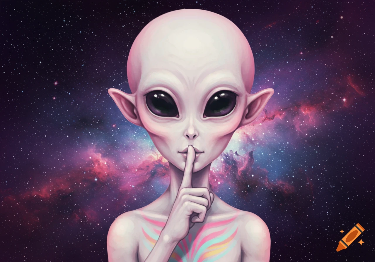 Grey alien with large eyes making a shushing gesture against a colorful ...