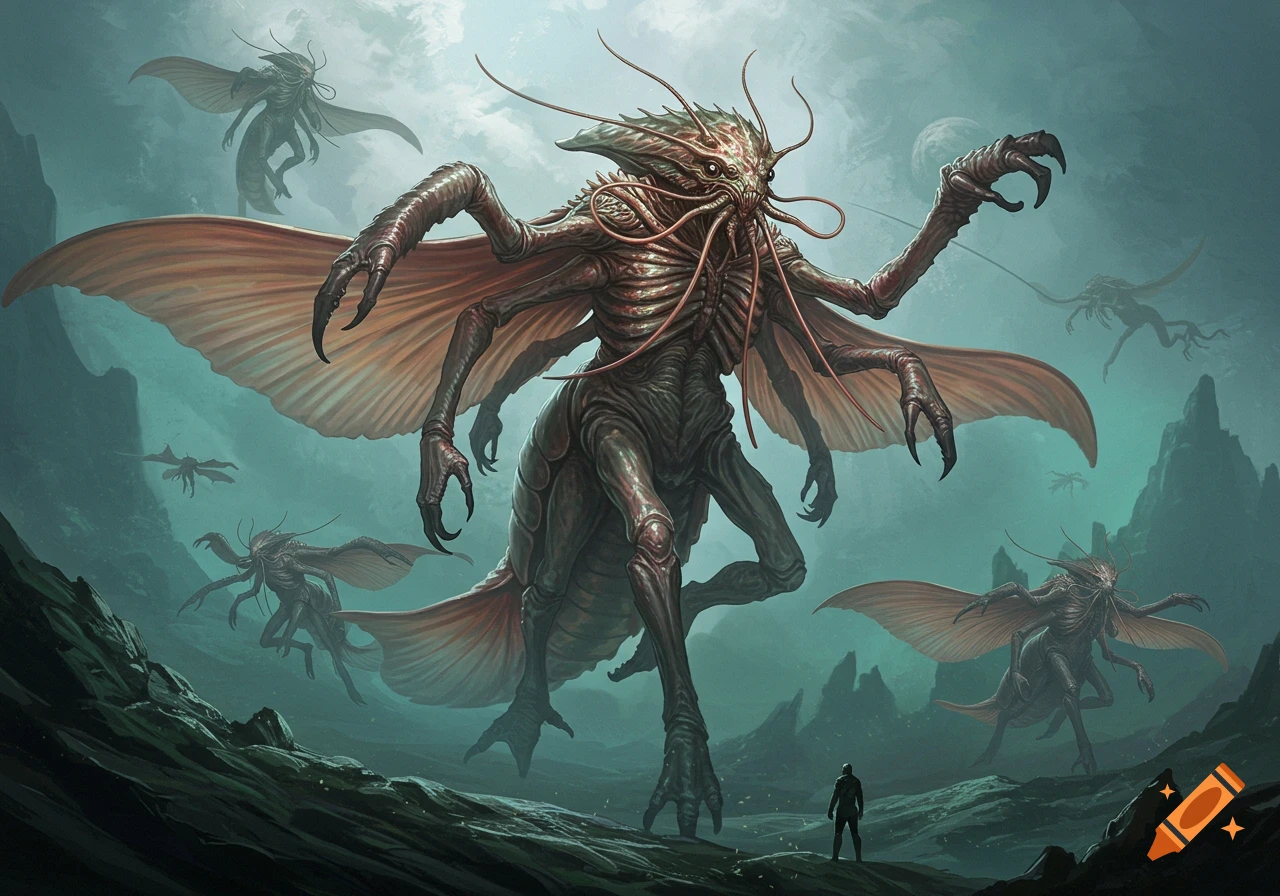 Giant alien creatures with wings and multiple limbs tower over a human ...
