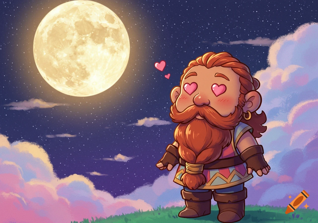 Chibi dwarf with heart eyes looks lovingly at the moon in a starry ...