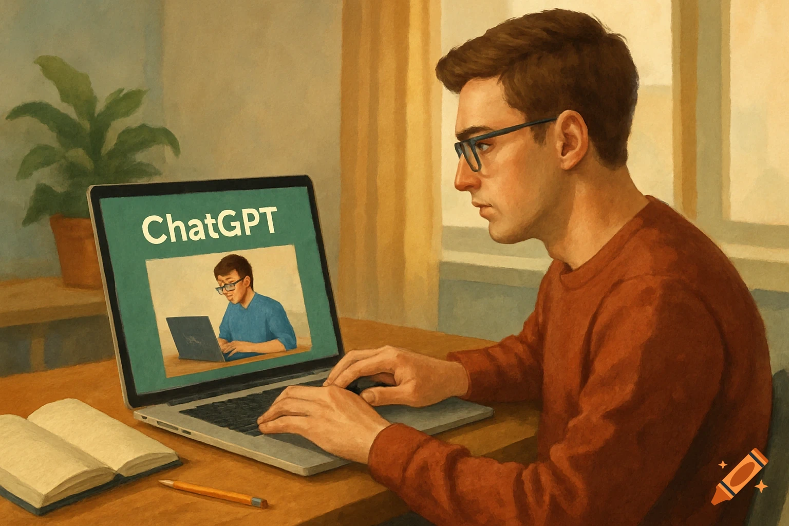 A man uses a laptop showing "ChatGPT" and a reflection of himself on ...