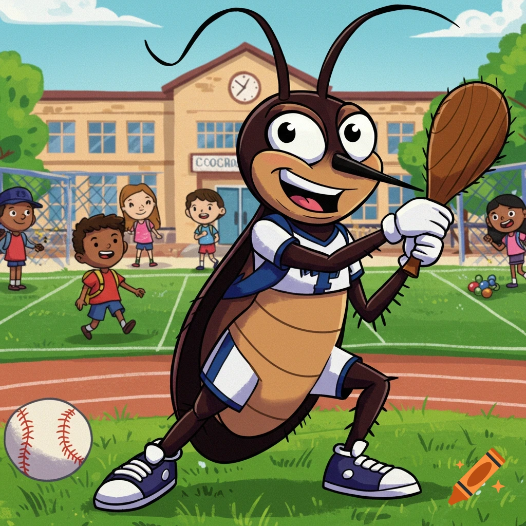 Cartoon cockroach mascot playing baseball at an elementary school with ...