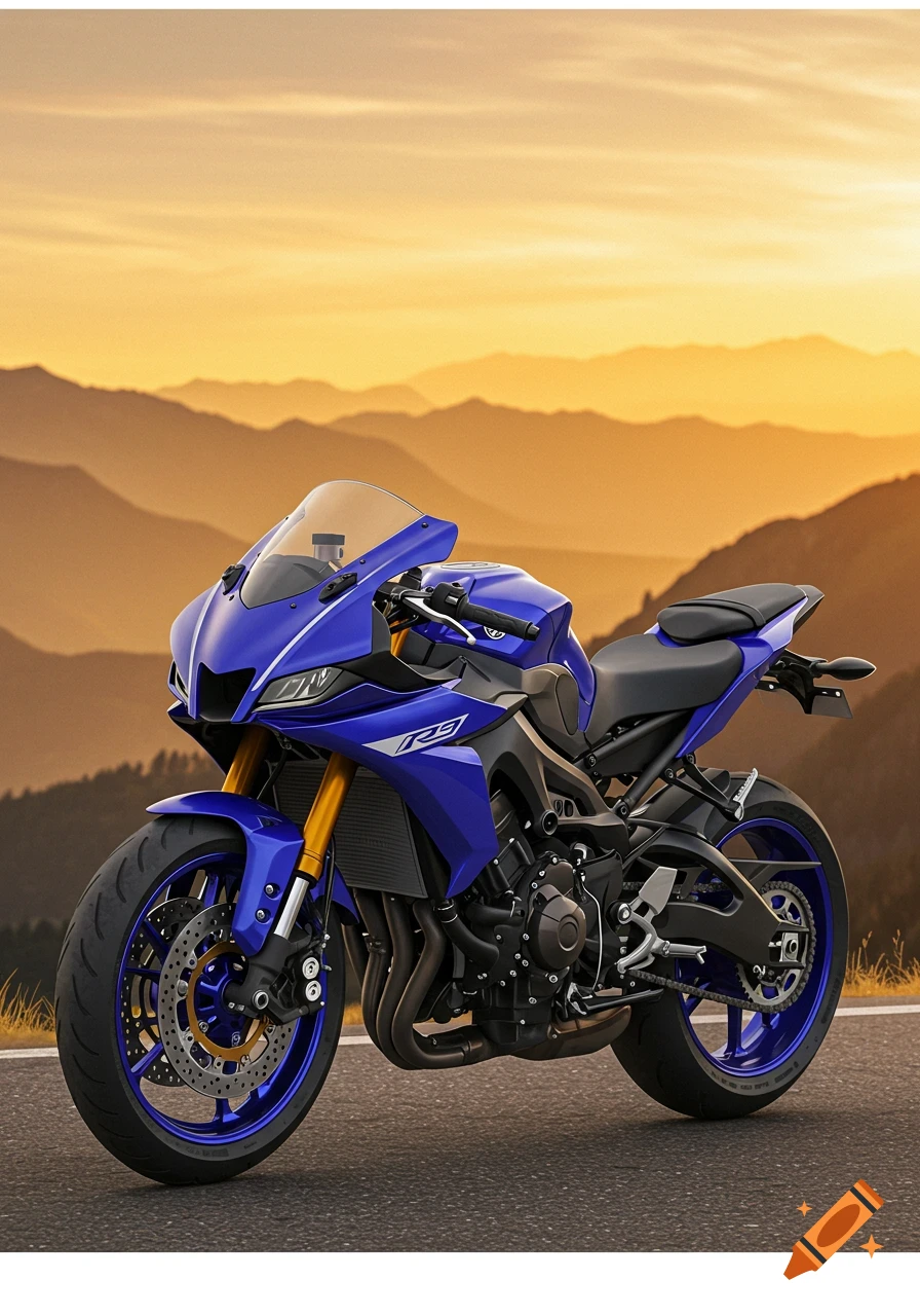 A blue sport motorcycle with black rims is parked on a road with ...