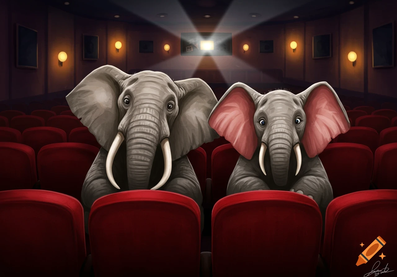 Two elephants sit in red theater seats, watching a movie on a screen in ...