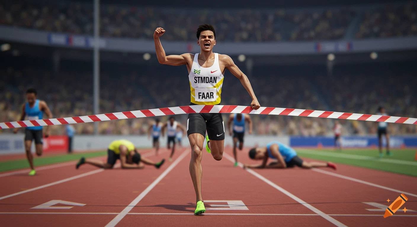 A runner crosses the finish line first in a track race, raising a fist ...