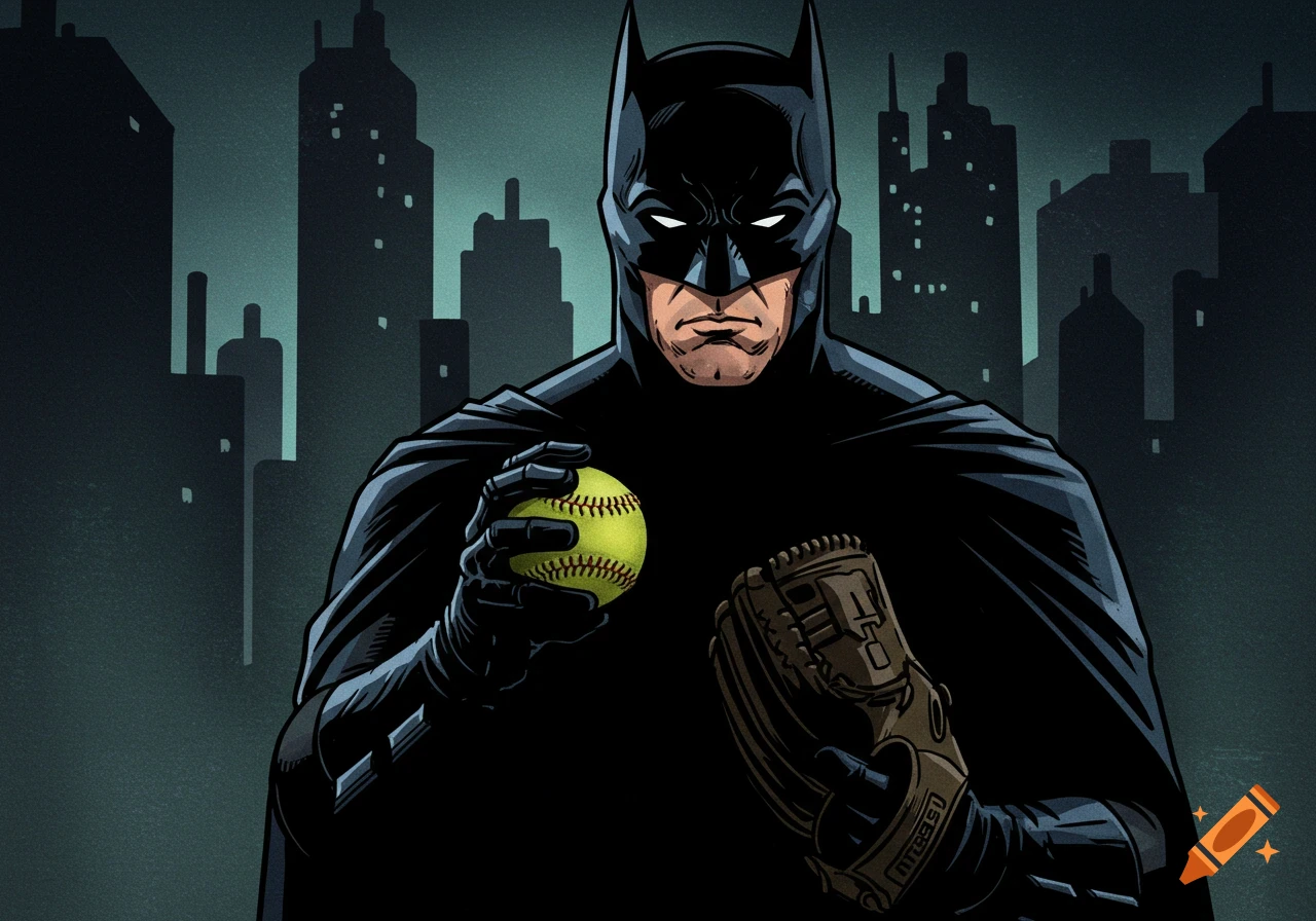 Batman holding a softball and baseball glove in front of a city skyline ...