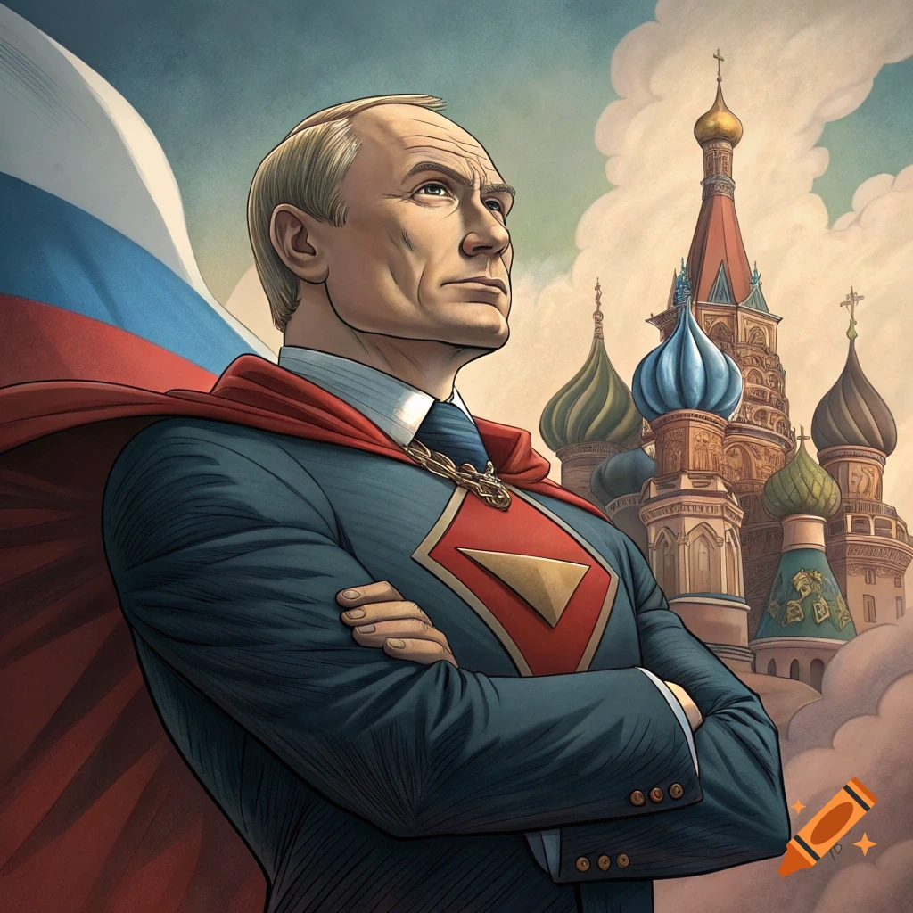 Illustration of Vladimir Putin as a superhero with cape, Russian flag ...