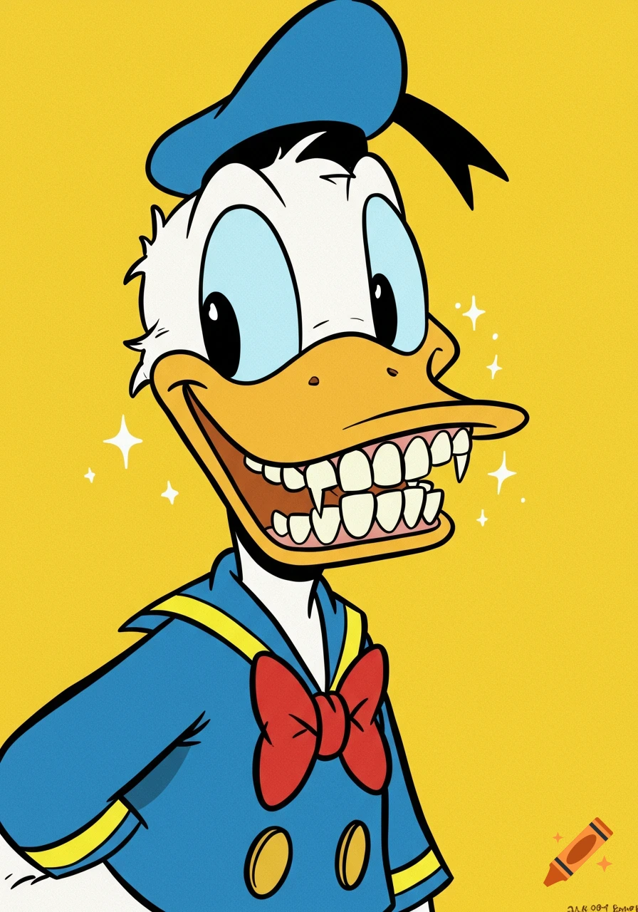 Cartoon of Donald Duck grinning with many teeth on a yellow background ...