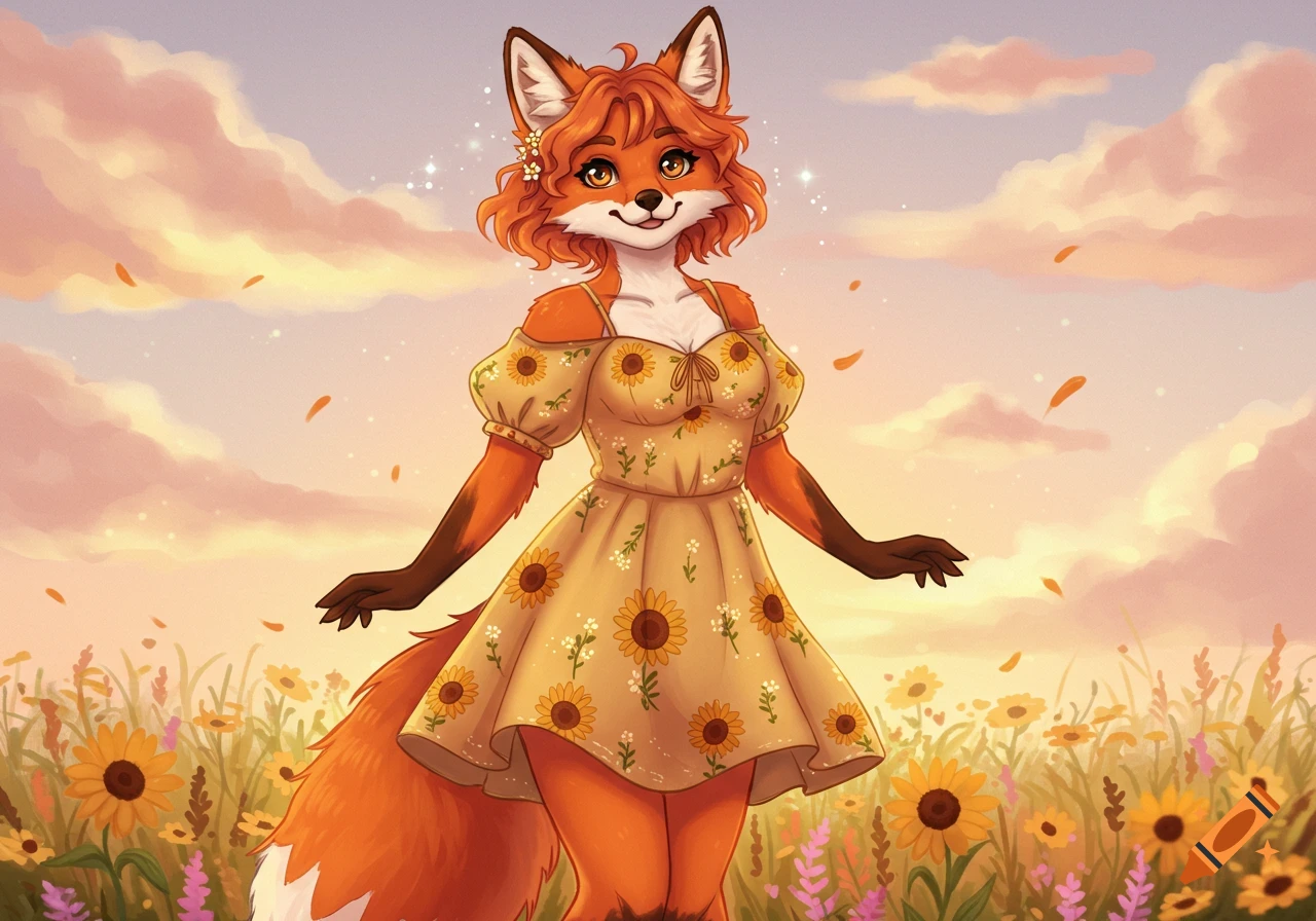 An anthropomorphic fox in a yellow sundress stands in a sunflower field ...
