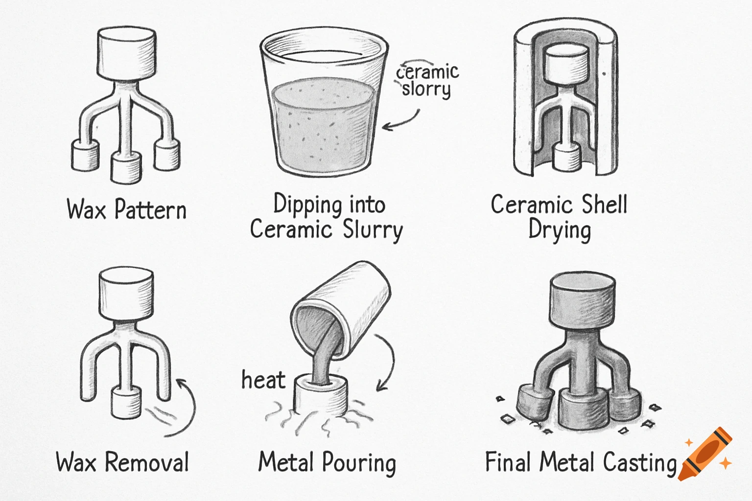 Diagram illustrating the steps of investment casting: wax pattern ...