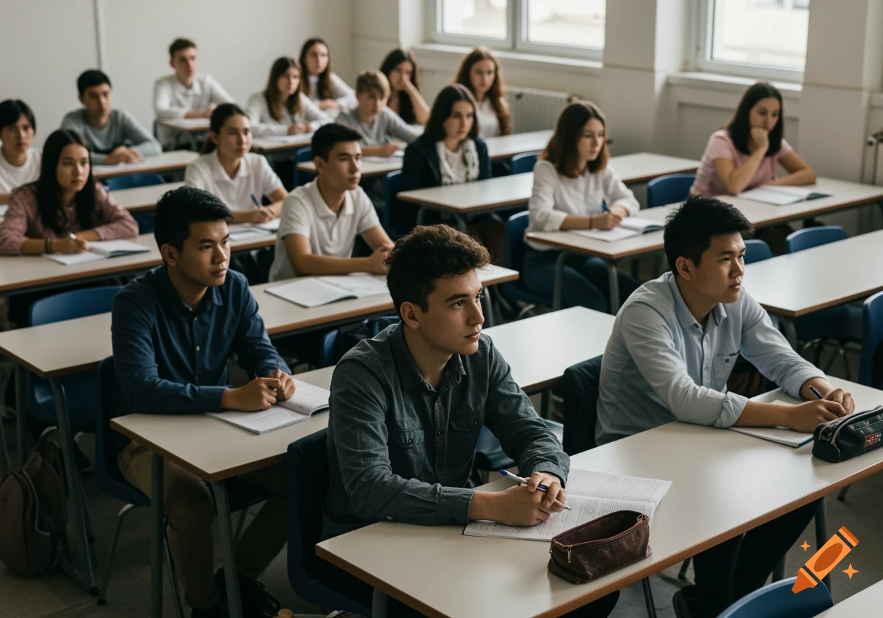 Students sit at desks in a classroom, taking notes. on Craiyon