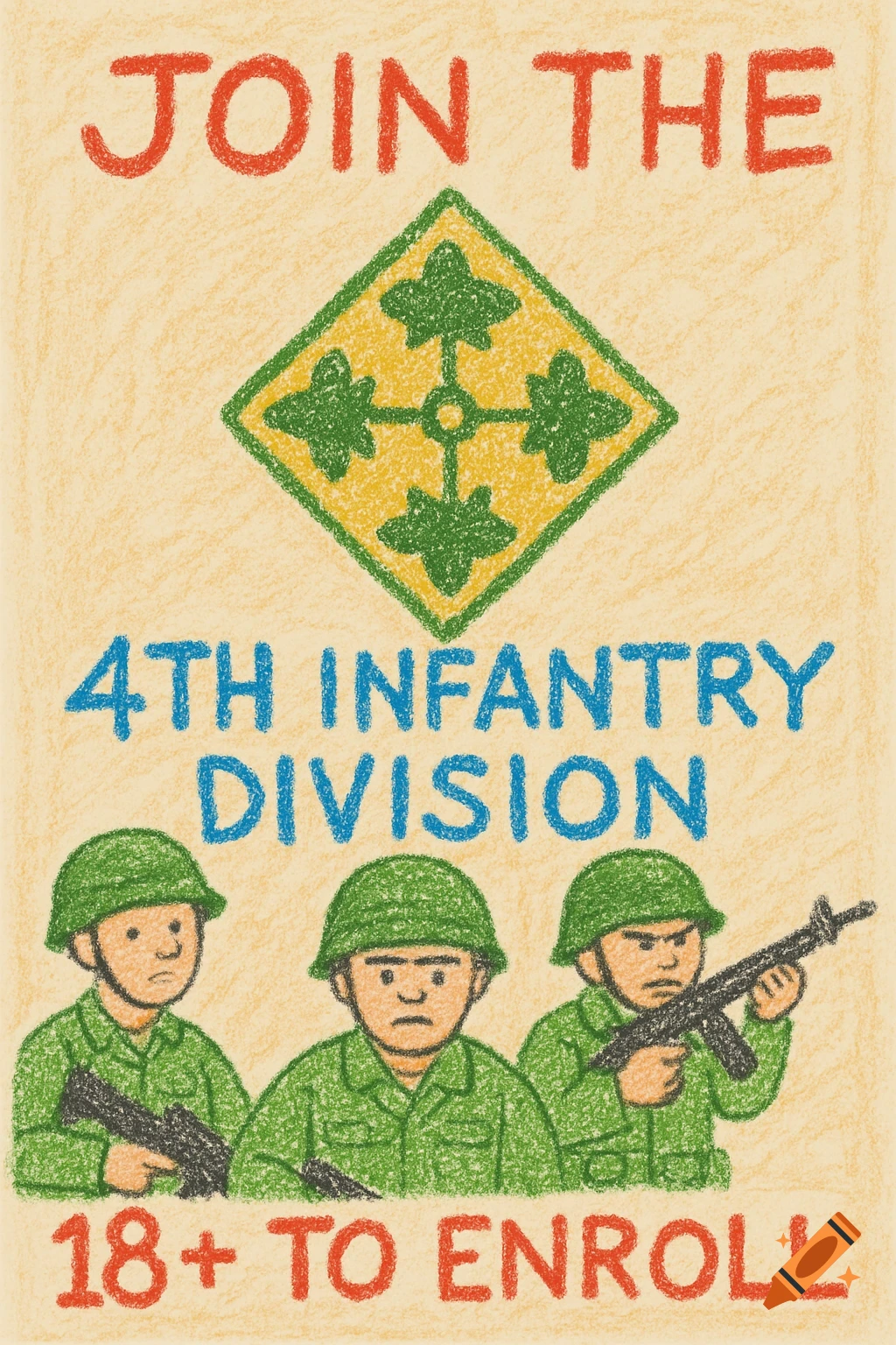 Crayon drawing of a military recruitment poster for the 4th Infantry ...