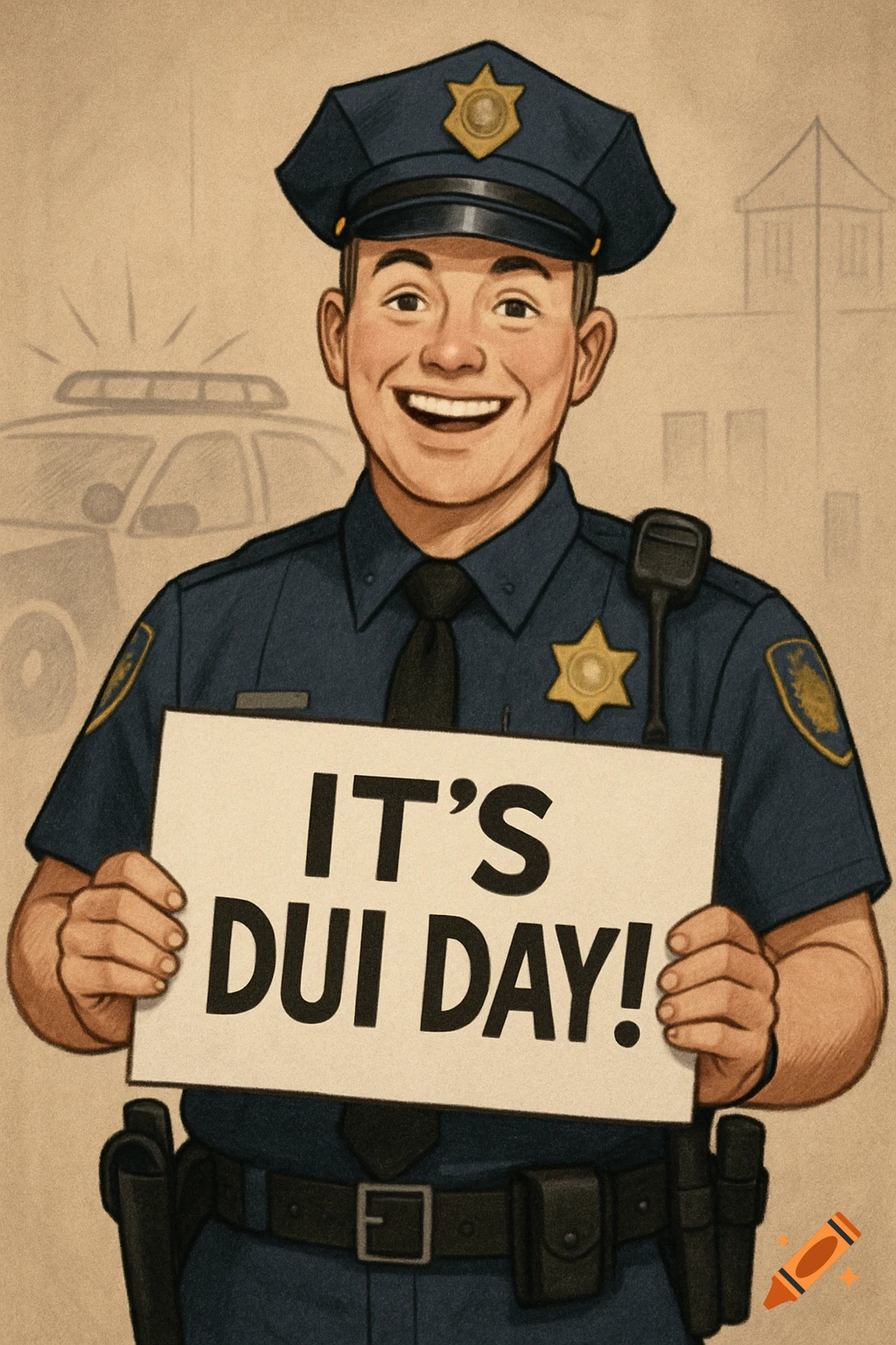Illustration of a happy police officer holding a sign that says "IT'S ...
