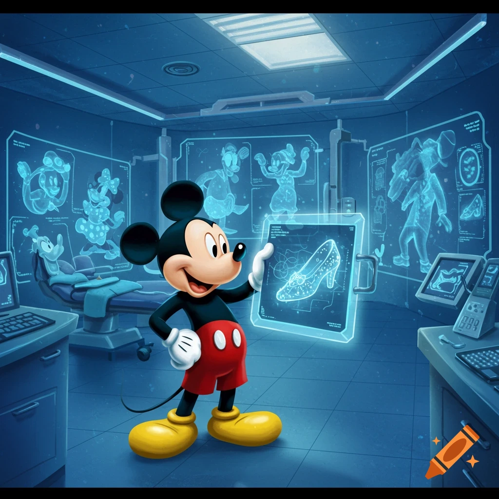 Mickey Mouse holds a glowing Cinderella slipper x-ray in a futuristic ...