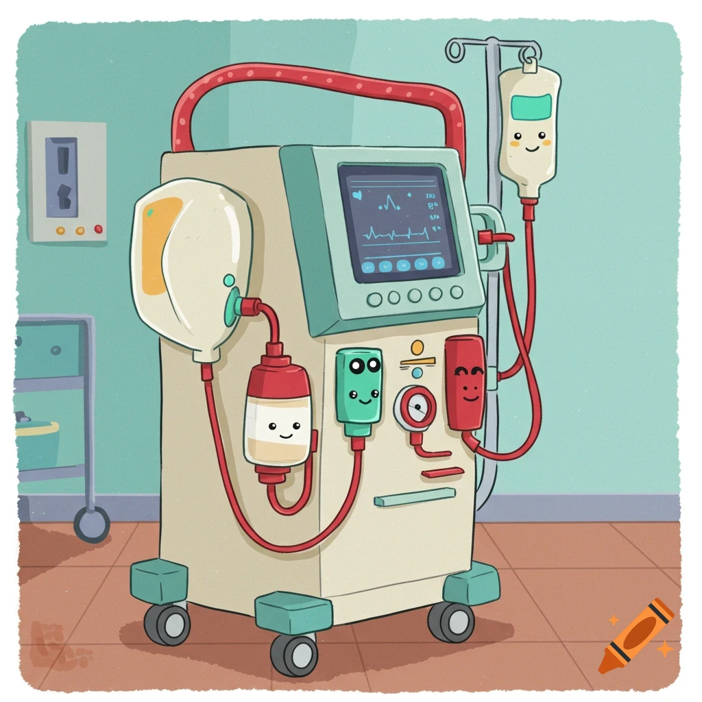 A cute cartoon illustration of a dialysis machine with smiling faces on ...