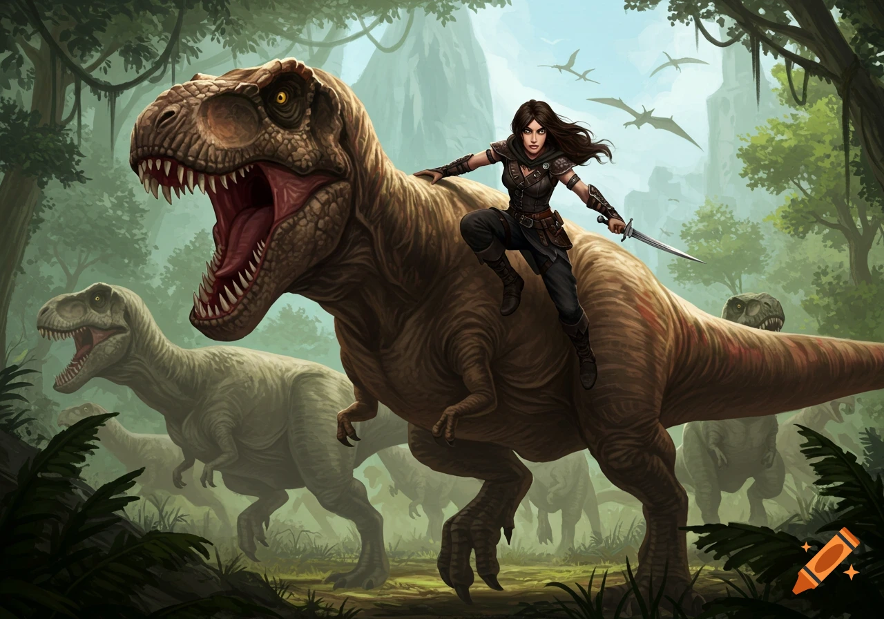 A woman rides on the back of a giant T-Rex running through a jungle ...