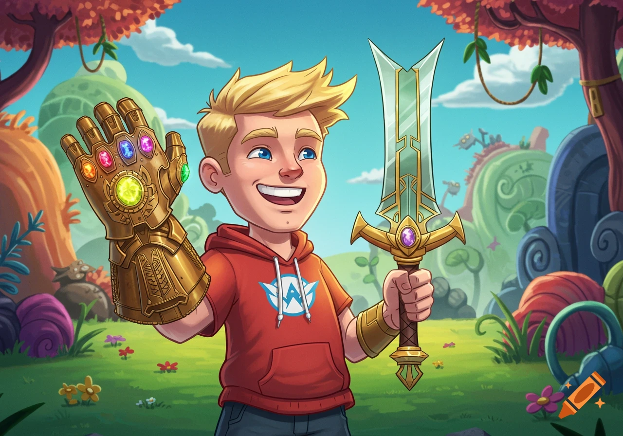 Cartoon boy in red hoodie holds golden gauntlet and fantasy sword in a ...