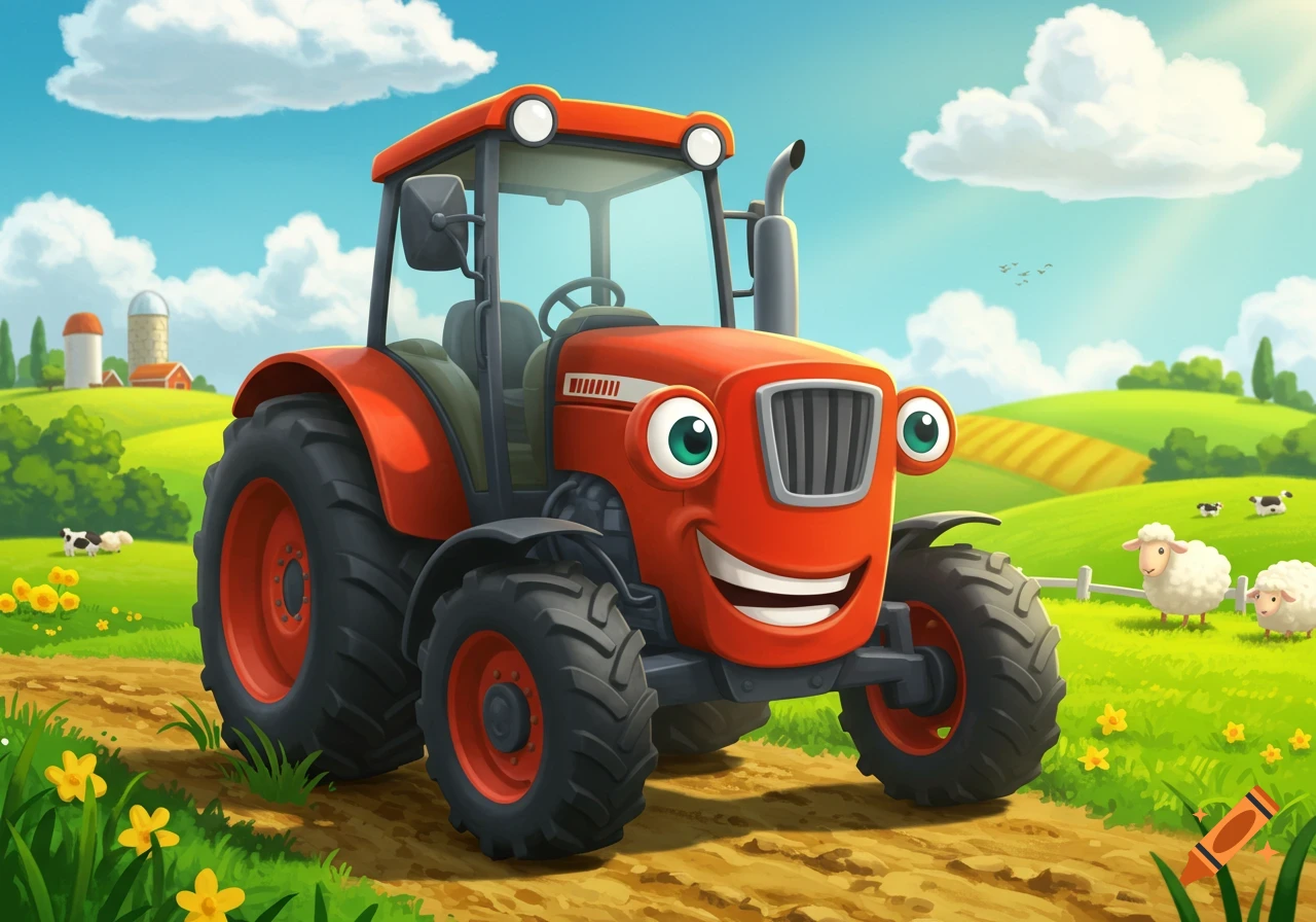A friendly red cartoon tractor on a farm path with sheep and cows in a ...