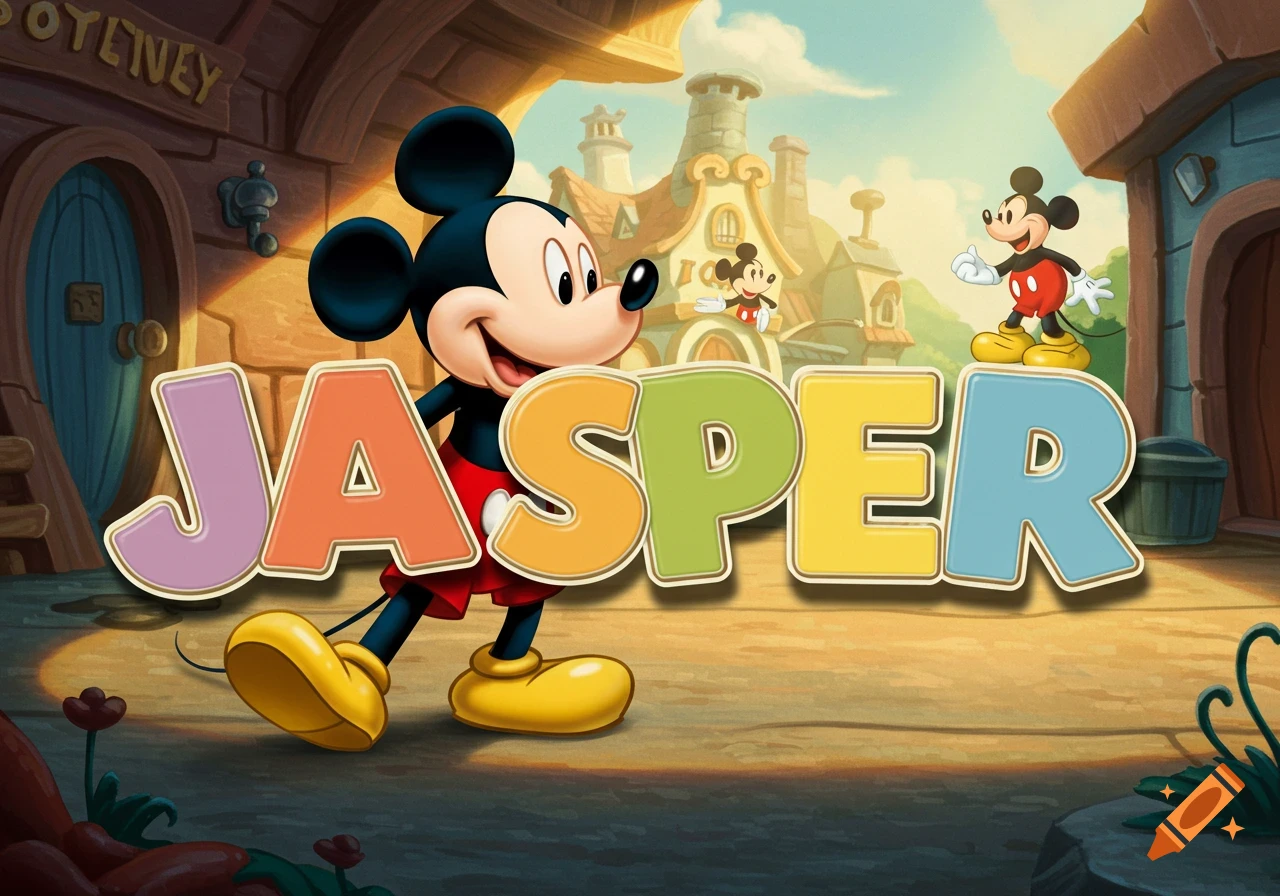 Mickey Mouse stands in front of large colorful letters spelling JASPER ...