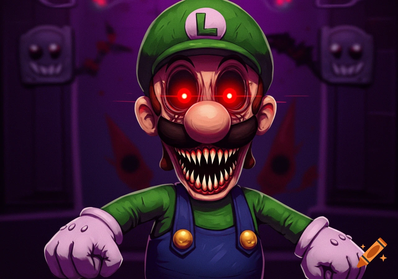 Horror illustration of Luigi with sharp teeth and glowing red eyes in a ...