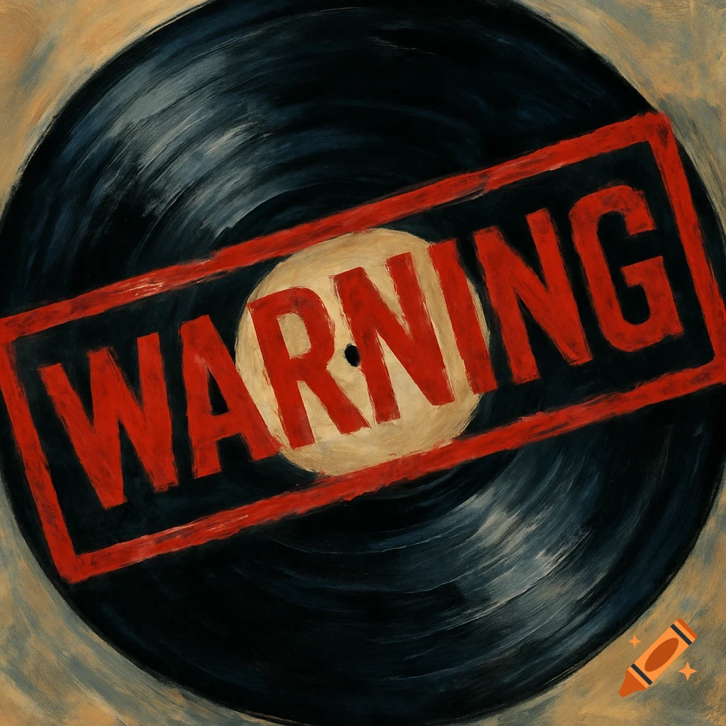 A painterly illustration of a vinyl record with a large red WARNING ...