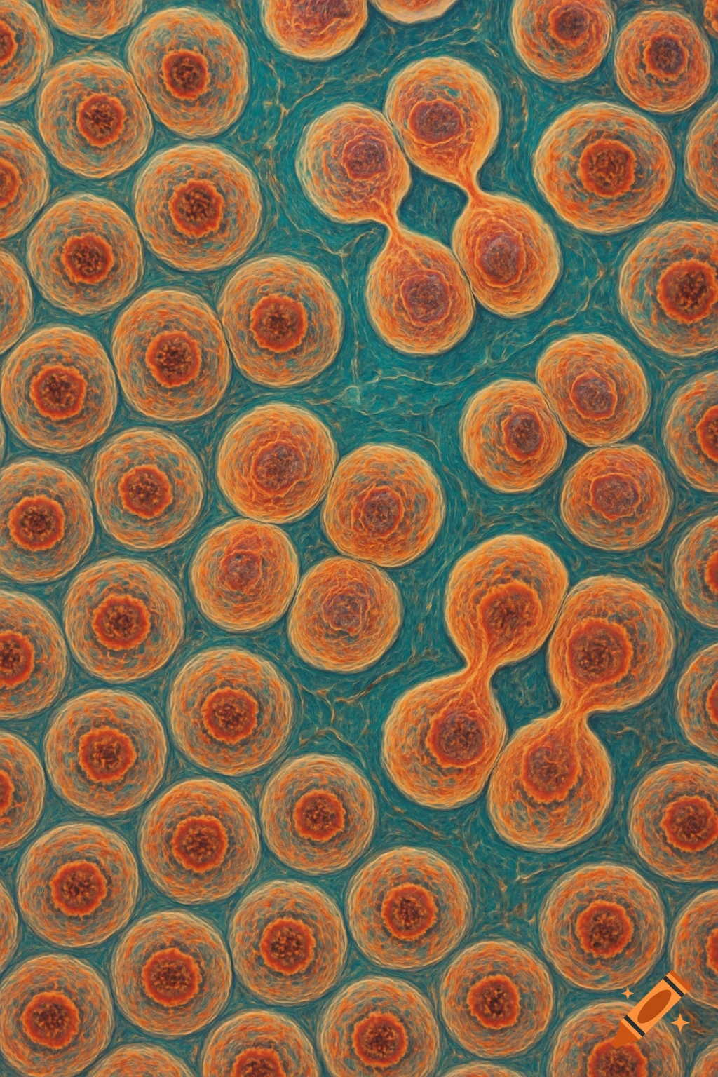 Close-up view of orange biological cells dividing on a blue background ...