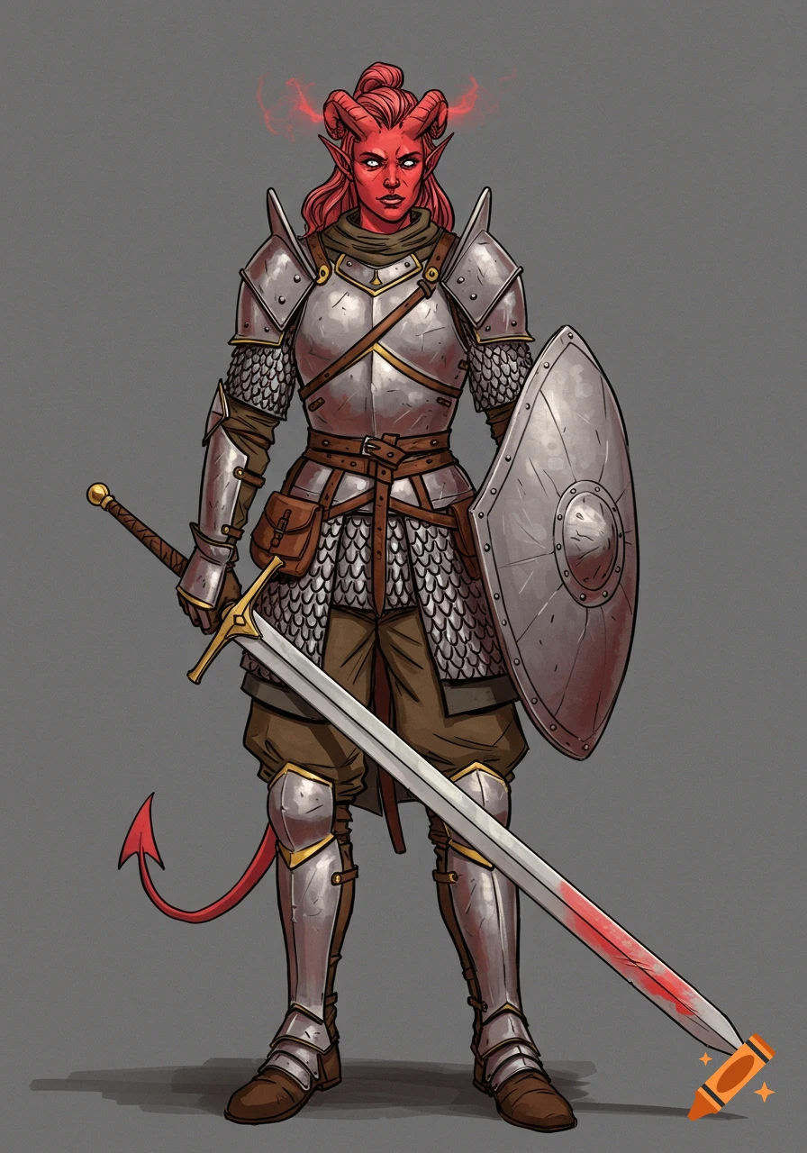 A fantasy illustration of a Tiefling woman in detailed armor, holding a ...