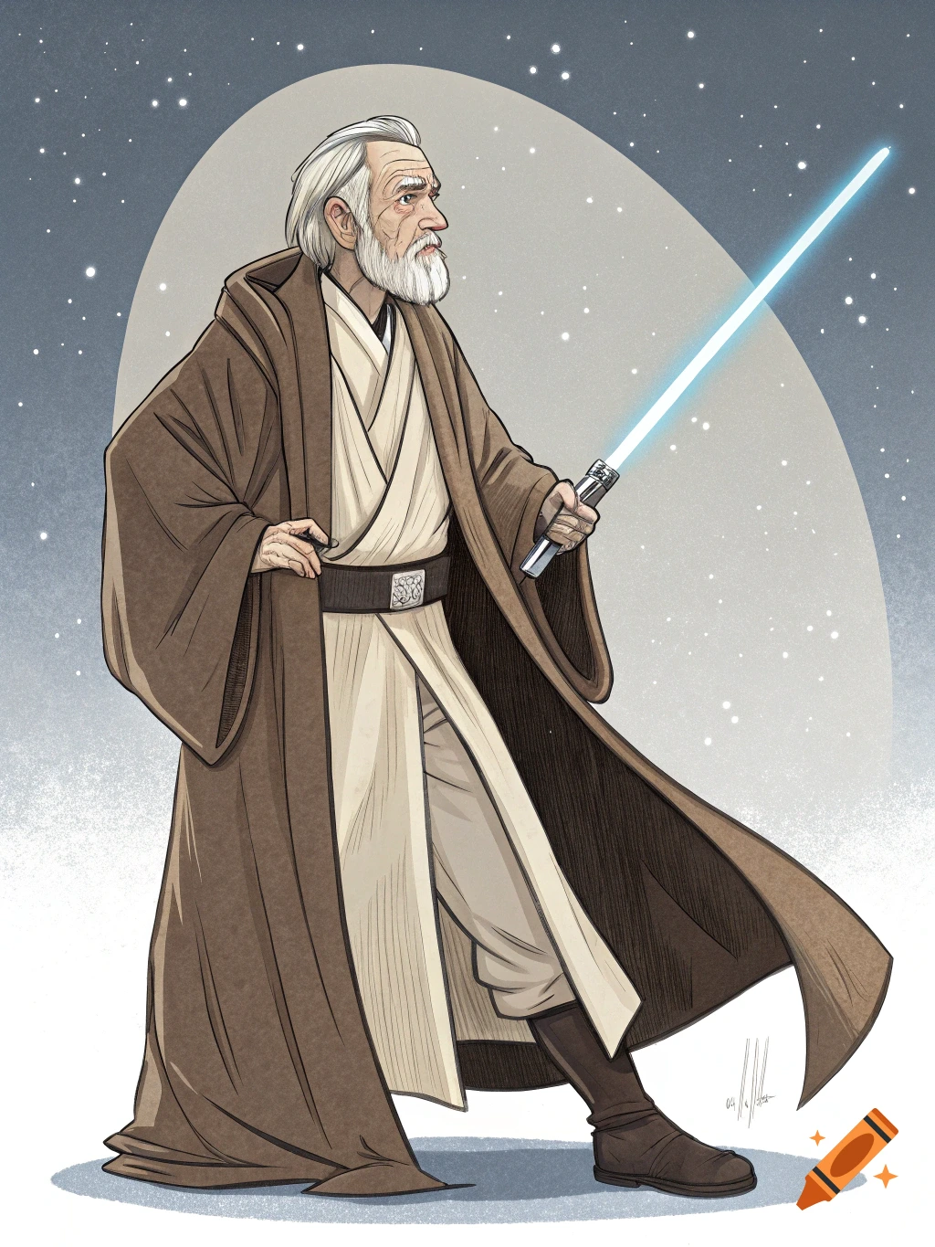 Cartoon illustration of Obi-Wan Kenobi holding a blue lightsaber. on ...