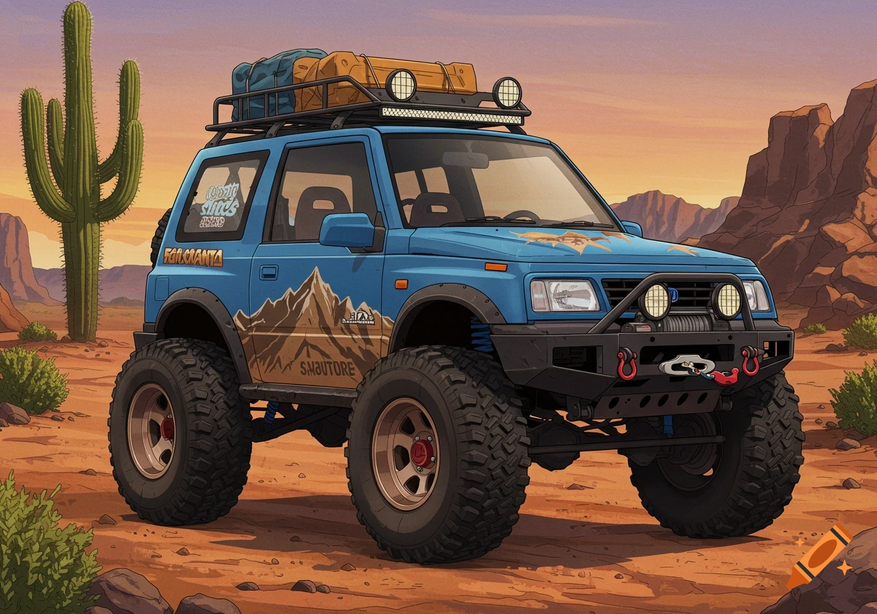 An illustrated image of a blue off-road vehicle parked in a desert ...