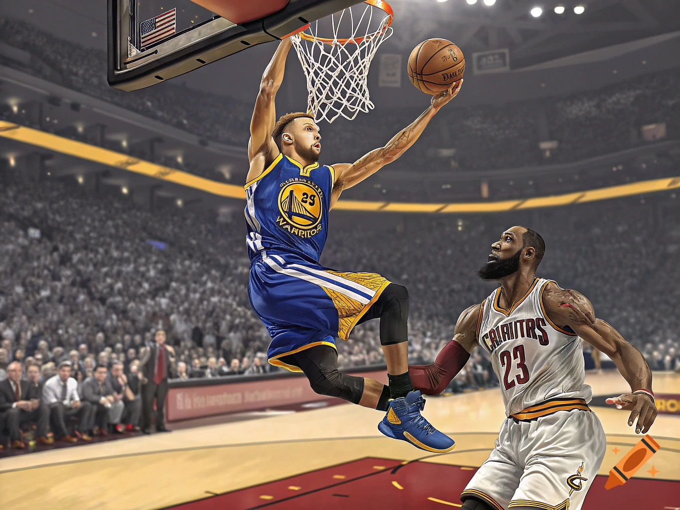 Stephen Curry dunks over LeBron James during a basketball game. on Craiyon
