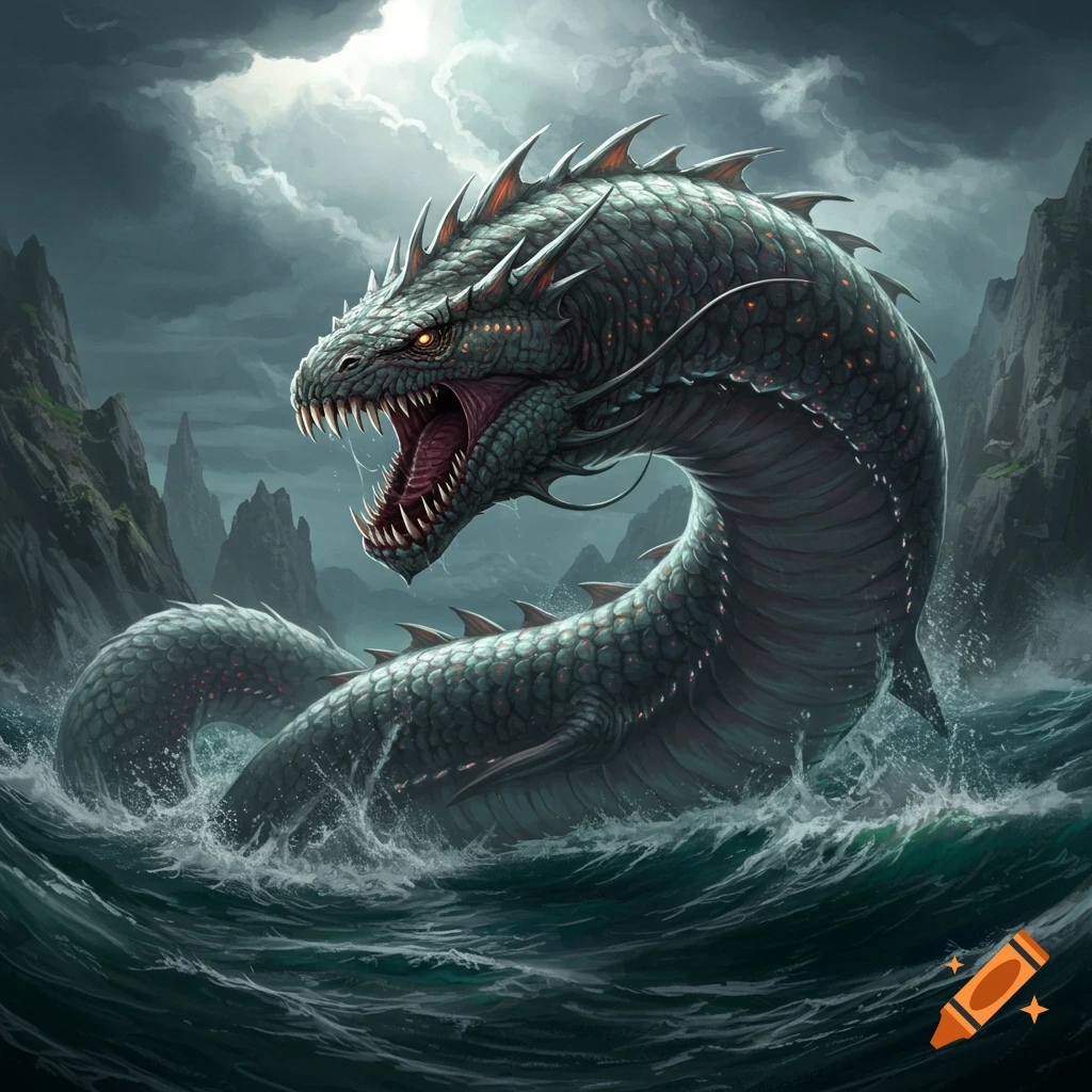 A massive scale-covered sea monster with sharp teeth rises from dark ...