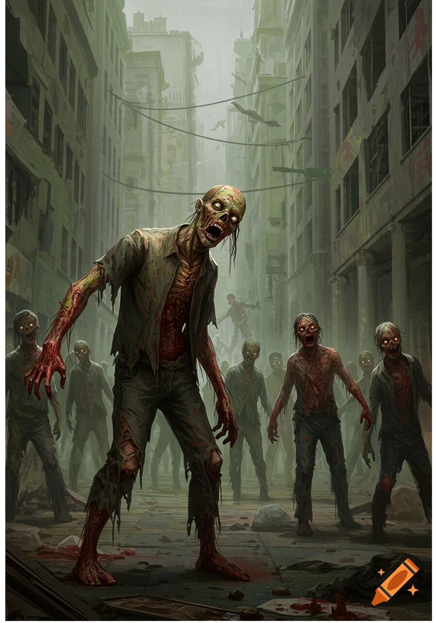 A horde of grotesque zombies shambles down a ruined city street. on Craiyon