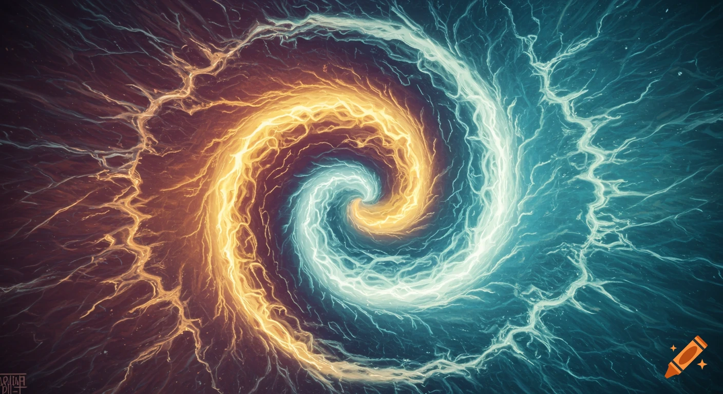 Abstract swirling energy pattern with orange and blue forces on Craiyon