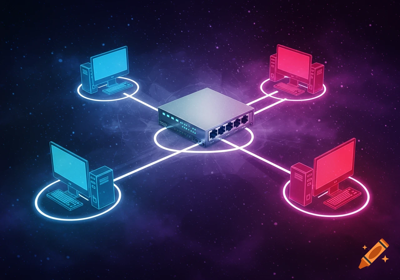 A network switch connects four stylized computers with glowing lines on ...