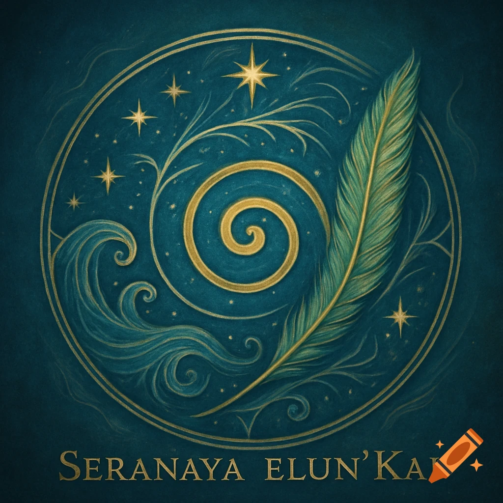 A mystical sigil with feather, spiral, stars, and waves, text 'Seranaya ...
