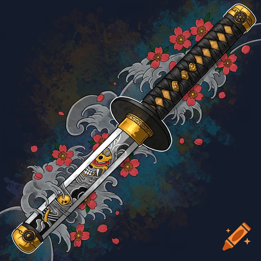 A detailed illustration of a samurai sword with waves and cherry ...