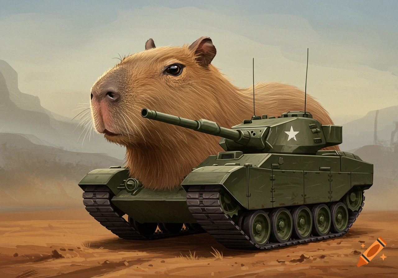 A giant capybara stands on top of a military tank in a desert landscape ...