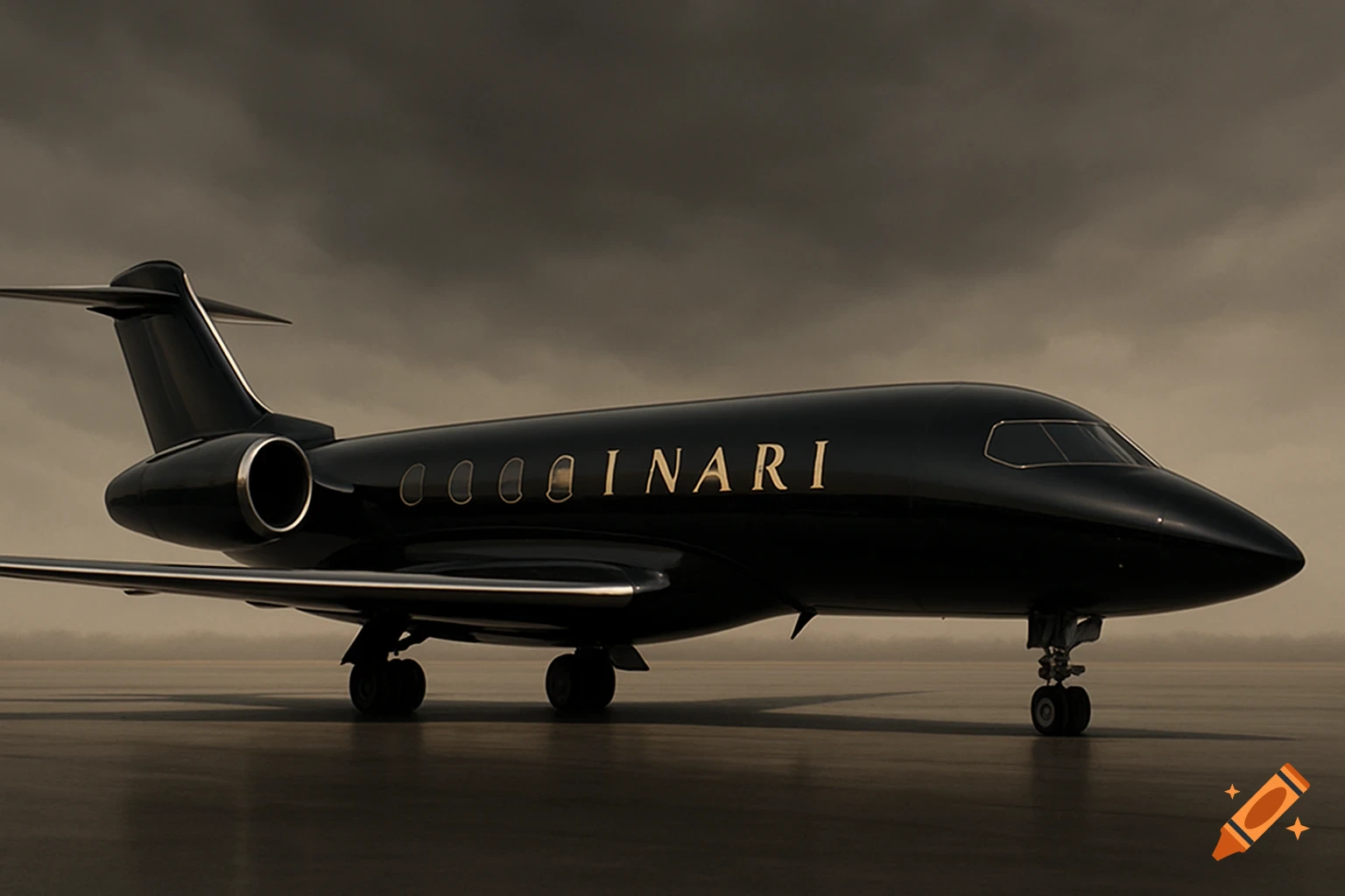 A slick black jet plane with gold text on its side sits on the ground ...