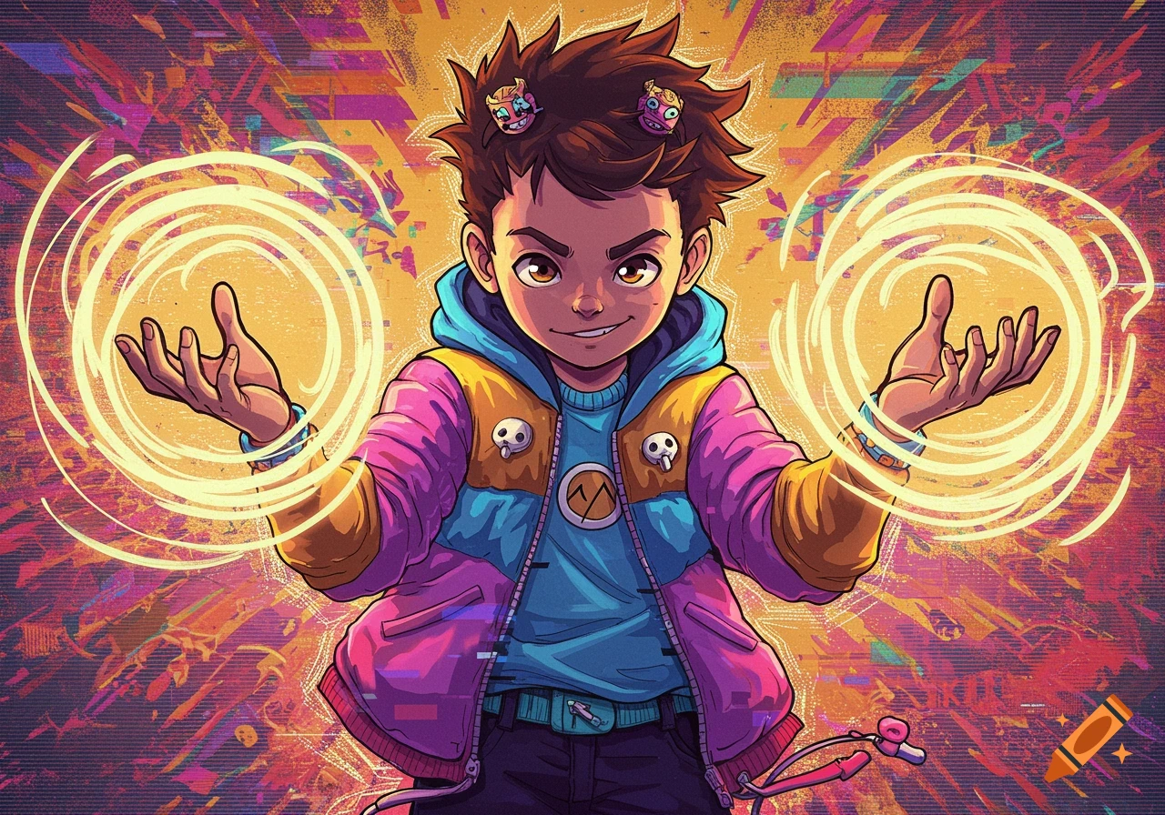 Stylized anime art of a boy creating glowing magic vortexes, with a ...