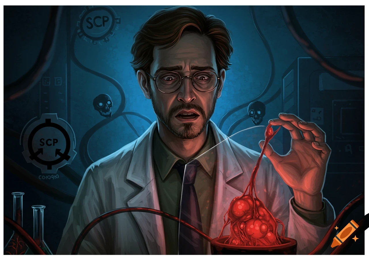 Scientist in lab coat holding a strange, bloody organic mass in a lab ...