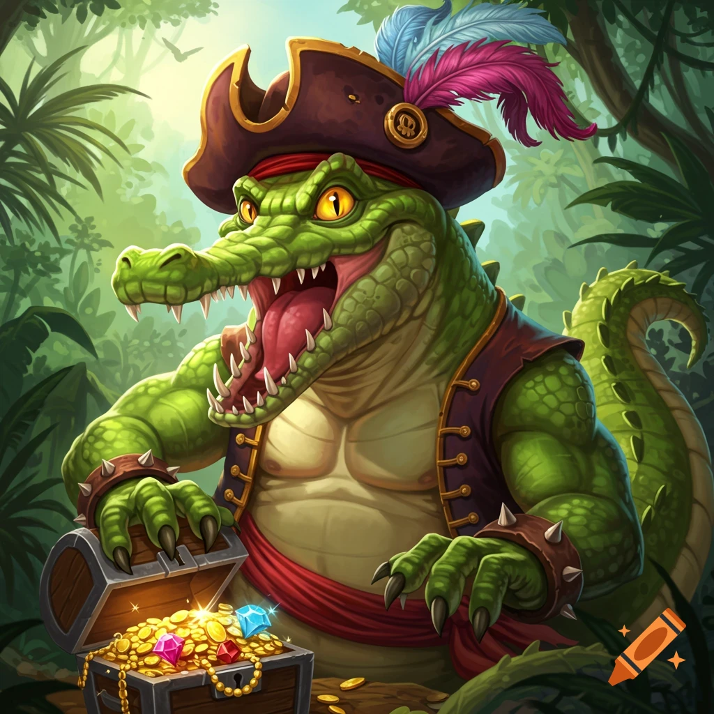 A cartoon alligator in a pirate costume stands over a treasure chest ...