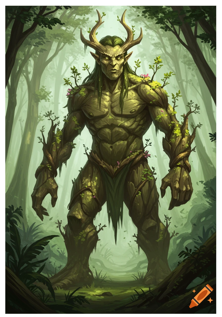 A large wood elf creature with vines and leaves in a forest setting. on ...