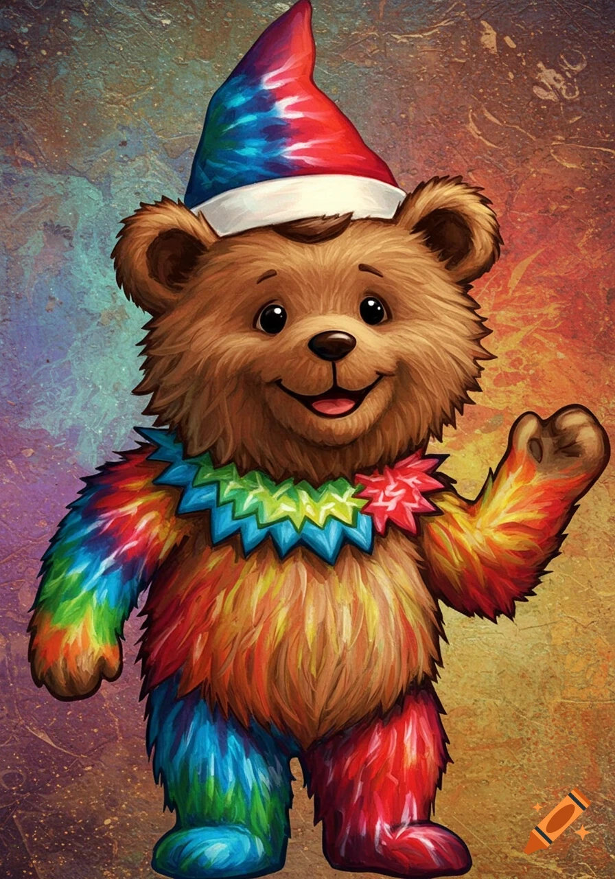 Cartoon bear with tie-dye fur, hat, and collar on Craiyon
