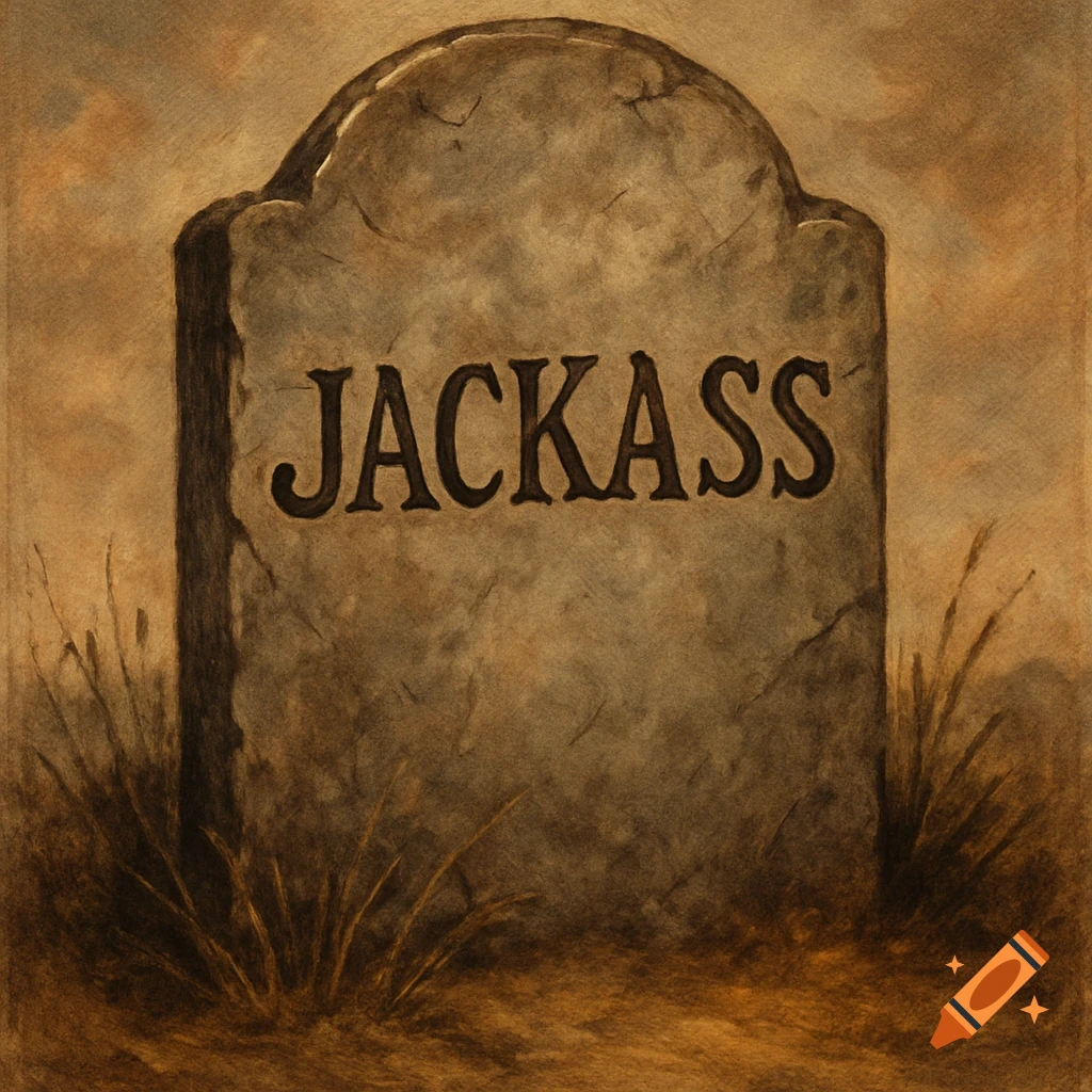 A painting of a tombstone with the word JACKASS carved into it ...