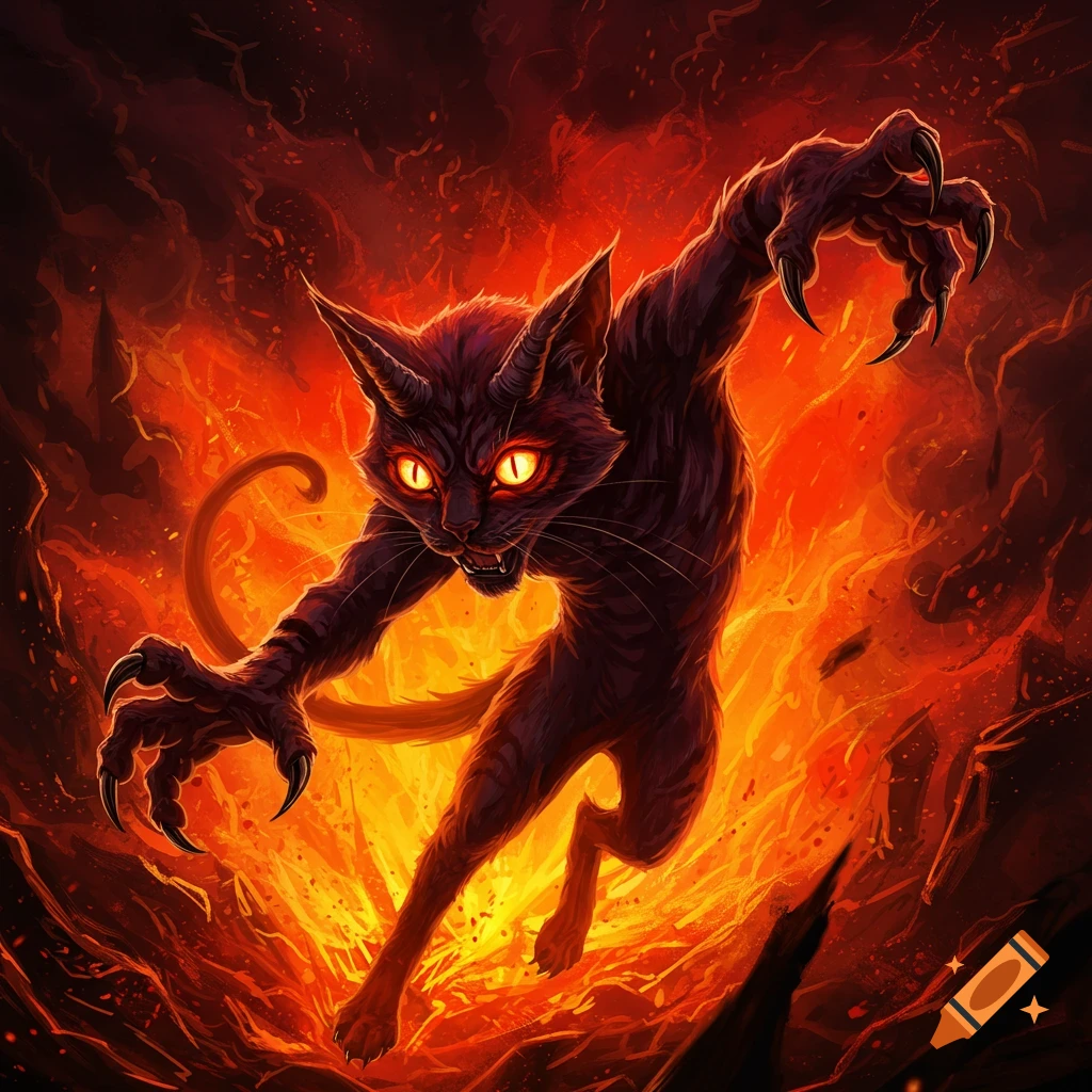 A dark, horned cat creature with glowing eyes leaps through a fiery ...