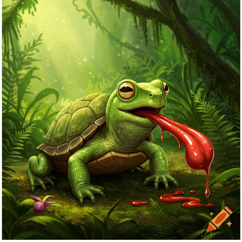 Stylized illustration of a green frog turtle sticking out a long red ...