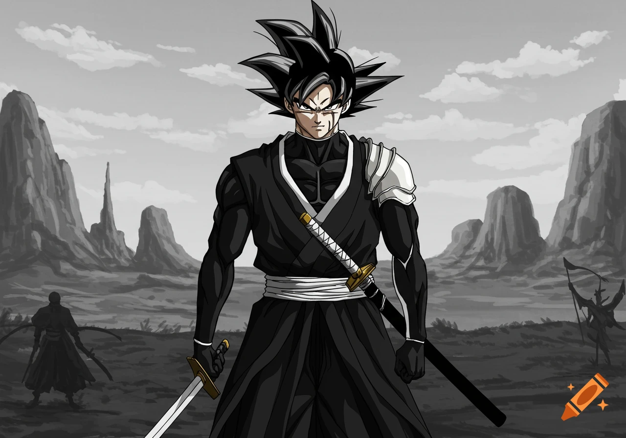 Anime character resembling Goku in a black shinigami outfit holding ...