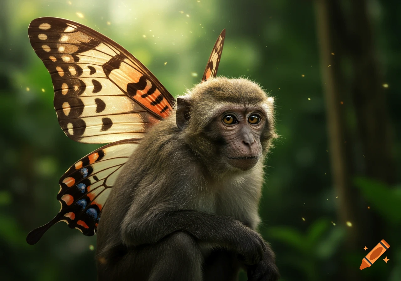 Realistic depiction of a monkey with butterfly wings in a forest. on ...